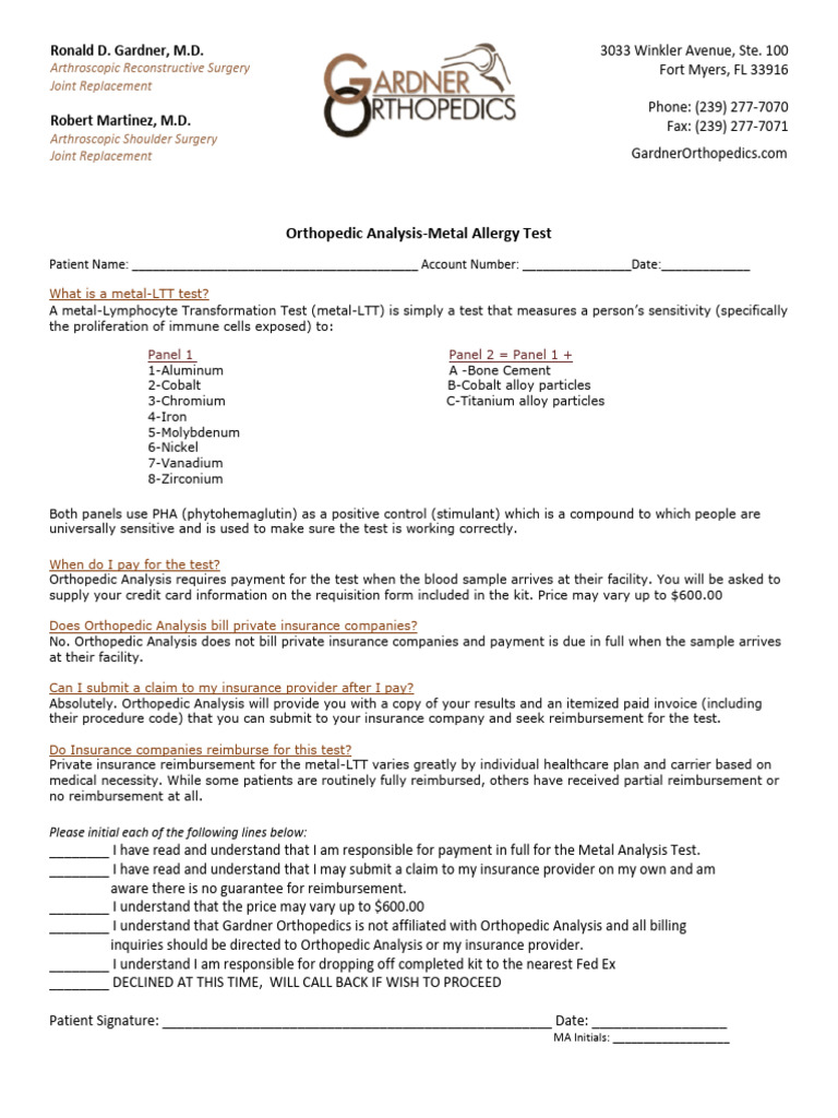 Orthopedic Analysis-Metal Allergy Test: Ronald D. Gardner, M.D | PDF ...