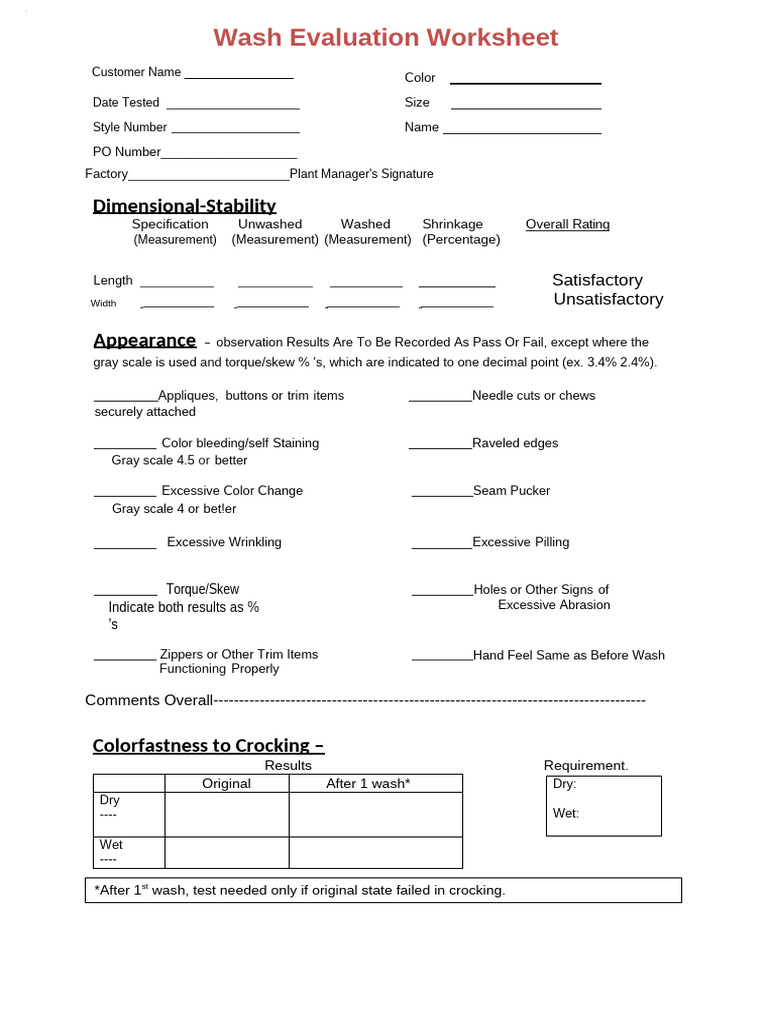 Wash Test Worksheet - Garment | PDF