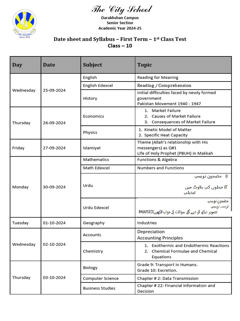 Date Sheet and Syllabus - First Class Test - Class - 2 | PDF ...