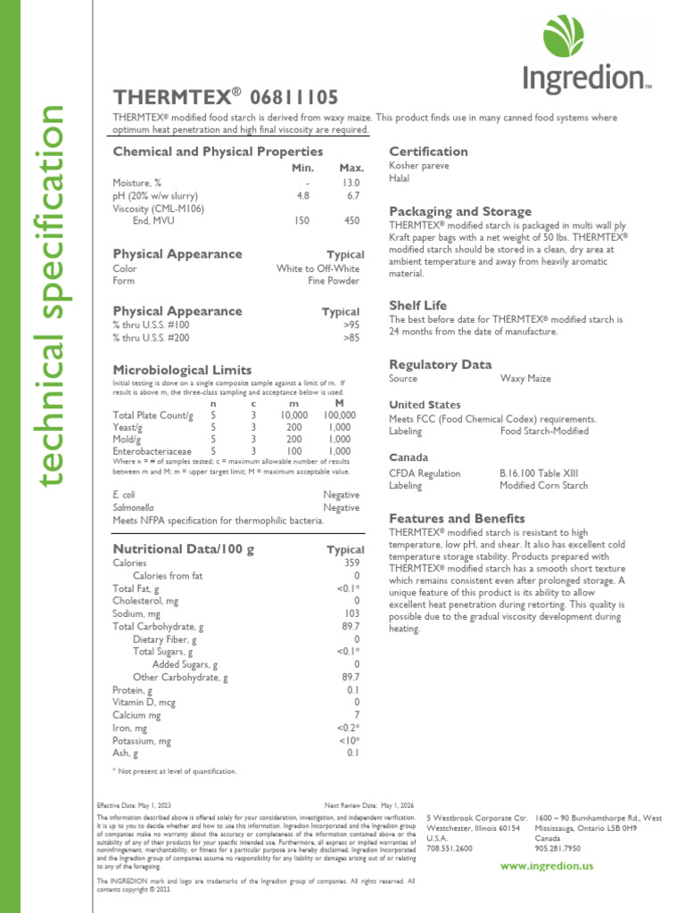 THERMTEX® Modified Starch Specifications | PDF | Starch | Maize