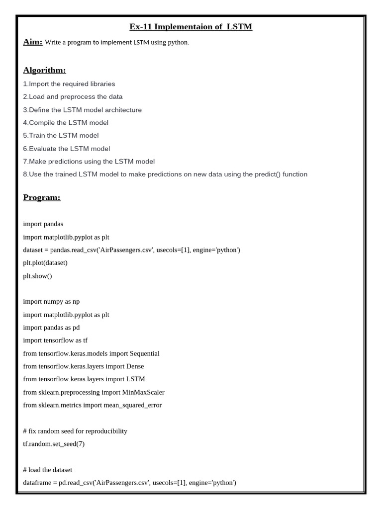 Ex-12 Implementation of LSTM | PDF | Mean Squared Error | Computing