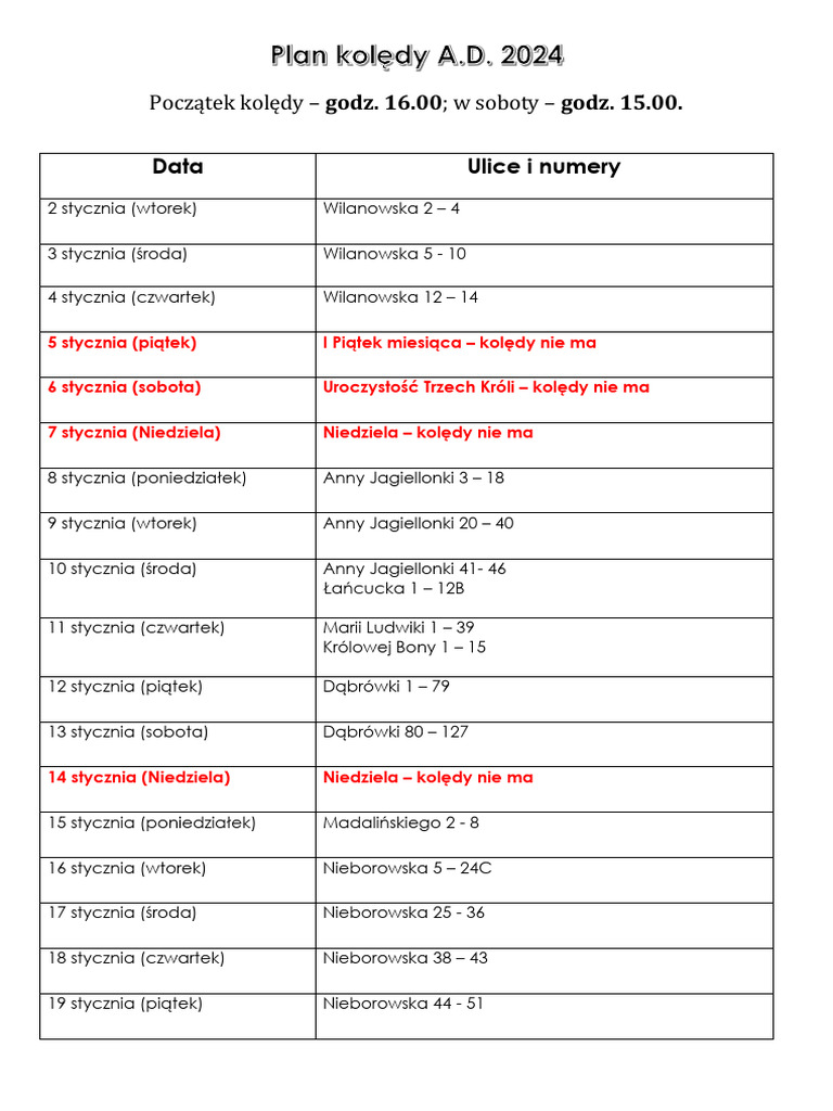 Plan Koledy A D 2024 | PDF