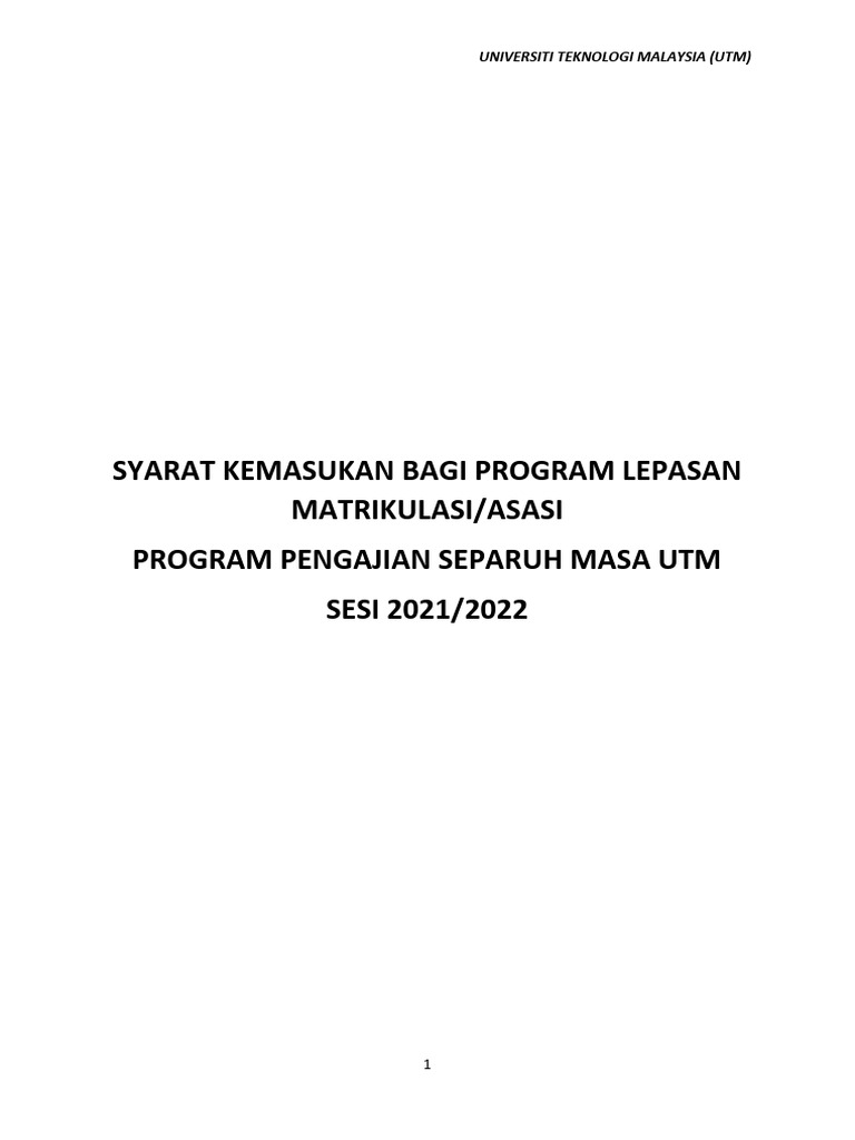 Syarat Kemasukan Bagi Program Lepasan Matrikulasi Asasi Sesi 20212022 | PDF
