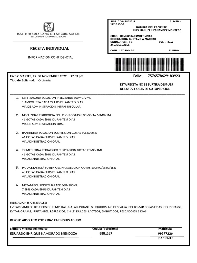 Receta IMSS para Meclizina y más | PDF | Farmacia | Medicina
