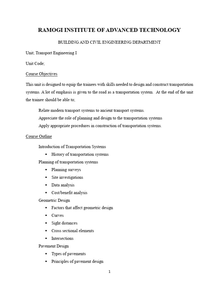 Transport Engineering 2.1 Course Outline | PDF