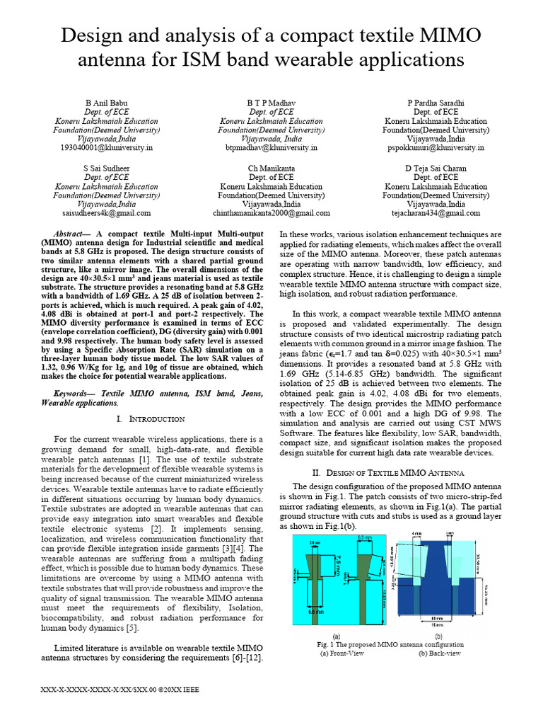 Design and Analysis of A Compact Textile MIMO Antenna For ISM Band Wearable Applications | PDF ...