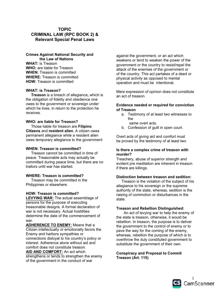 Review Notes in Criminal Law Book 2 | PDF | Search And Seizure | Treason