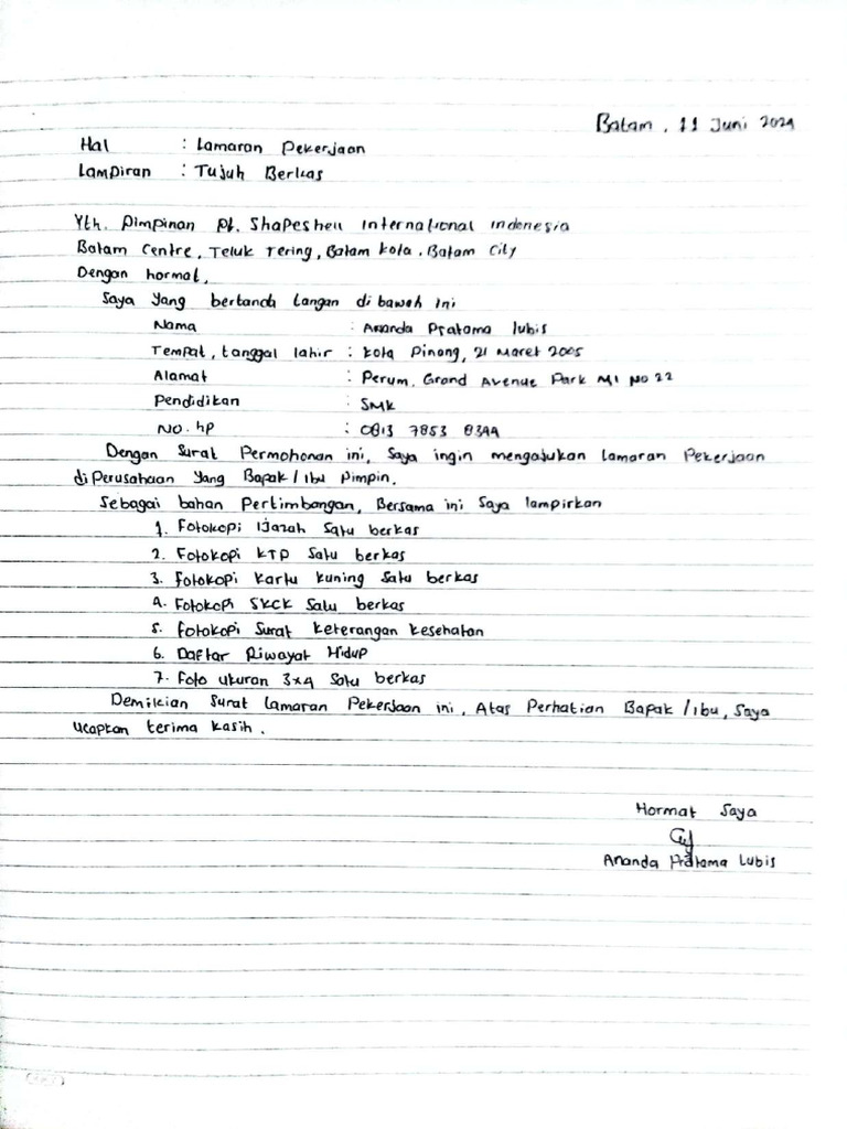 SURAT LAMARAN PEKERJAAN ANANDA PRATAMA LUBIS - Compressed | PDF