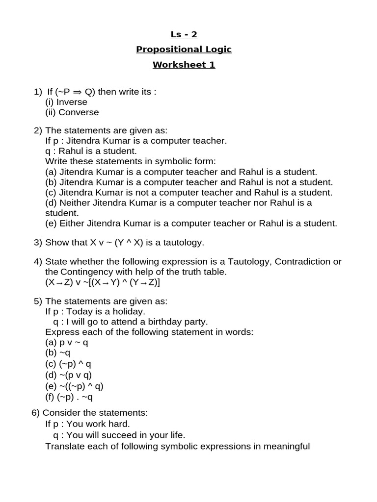 Ls 2 - Propositional Logic - Worksheet 1 | PDF