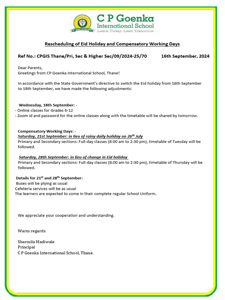 Rescheduling of Eid Holiday and Compensatory Working Days - Secondary ...