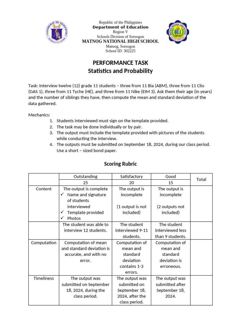 Performance Task 2 Rubric Interview | PDF