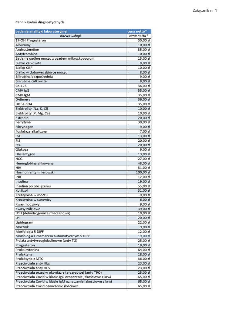 Cennik Uslug Od 01 Marca 2022r Diagnostyka | PDF