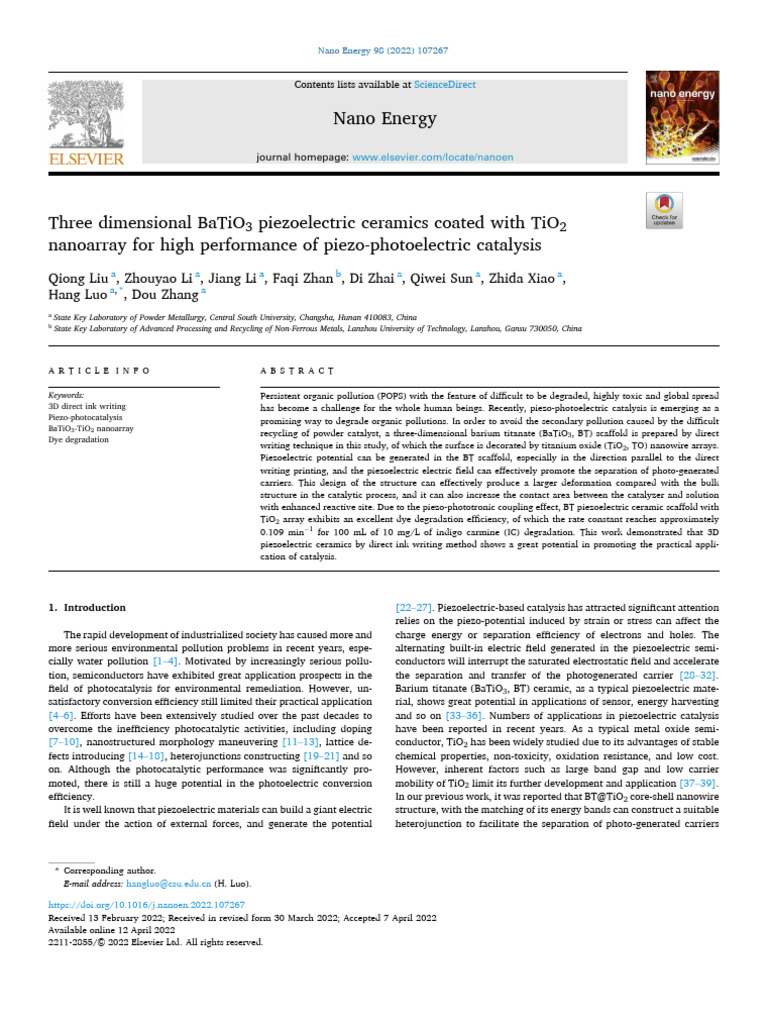 Three Dimensional BaTiO3 Piezoelectric Ceramics Coated With TiO2 Nanoarray For High Performance ...