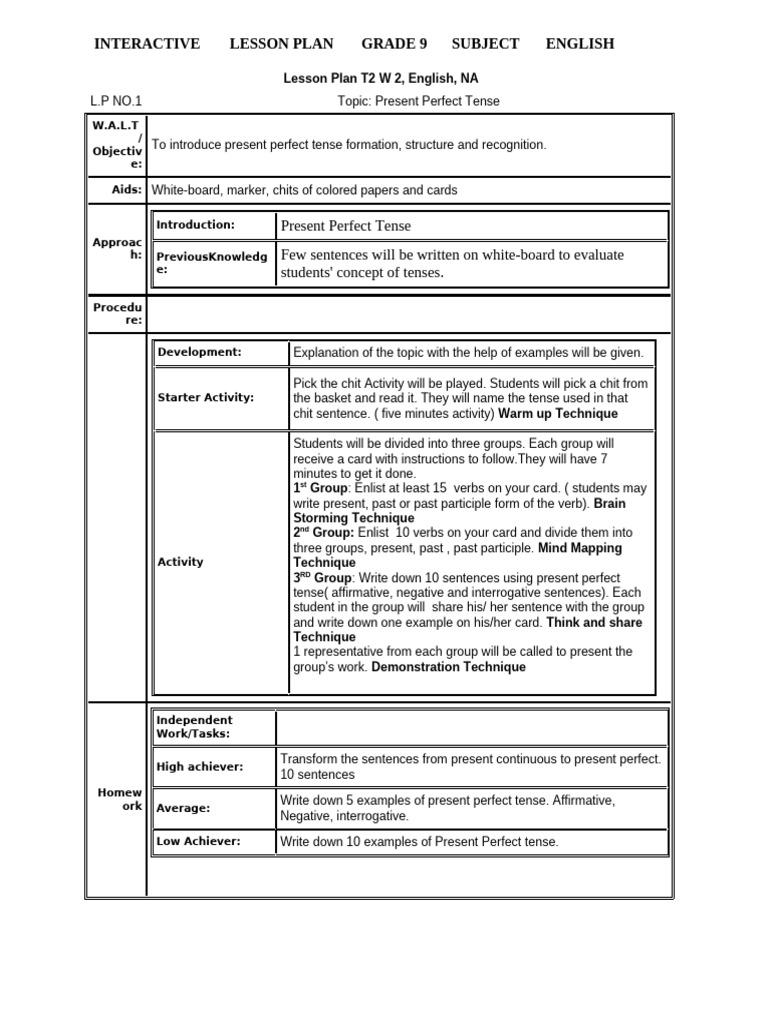 Interactive Lesson Plan Grade 9 Subject English | PDF | Perfect ...