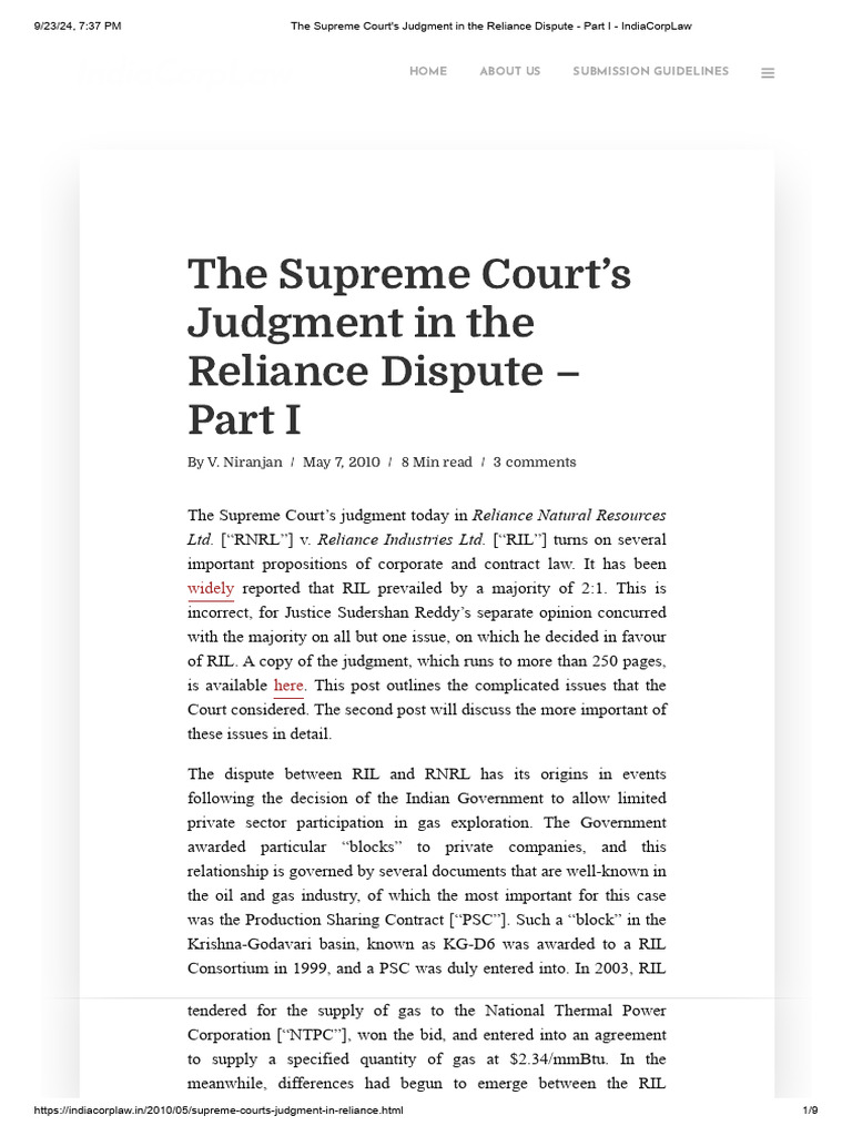 The Supreme Court's Judgment in The Reliance Dispute - Part I ...