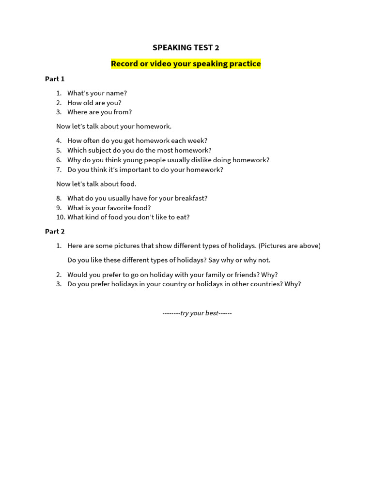 Speaking Test 2 Practice Guide | PDF