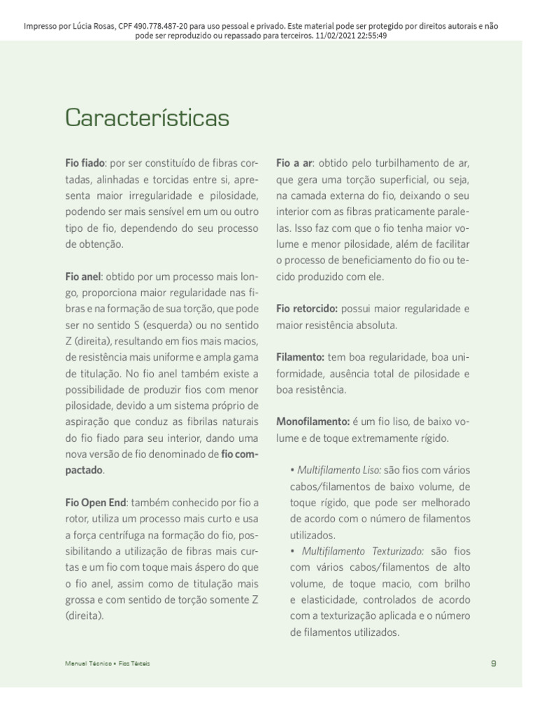 Manual Técnico Fios Têxteis Senai Pgs 11 A 20 | PDF | Fiação (têxtil) | Fio