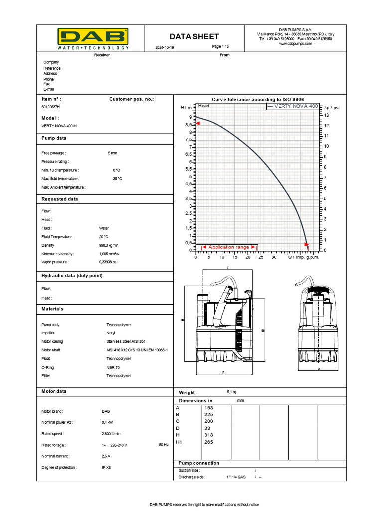 Data Sheet VERTY NOVA 400 M | PDF | Pump | Gas Technologies