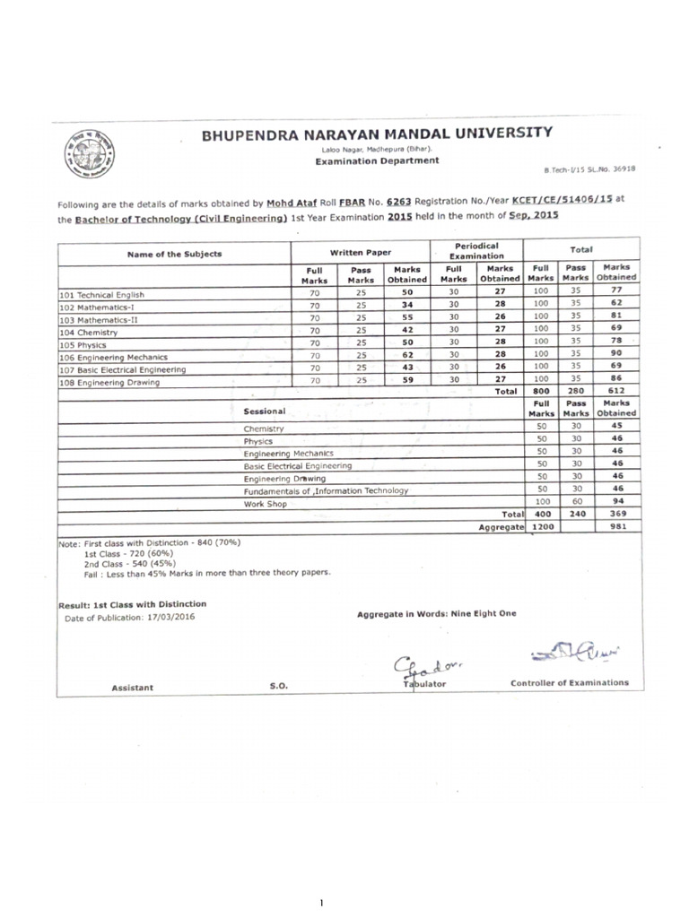 BNMU Marksheet All Year | PDF