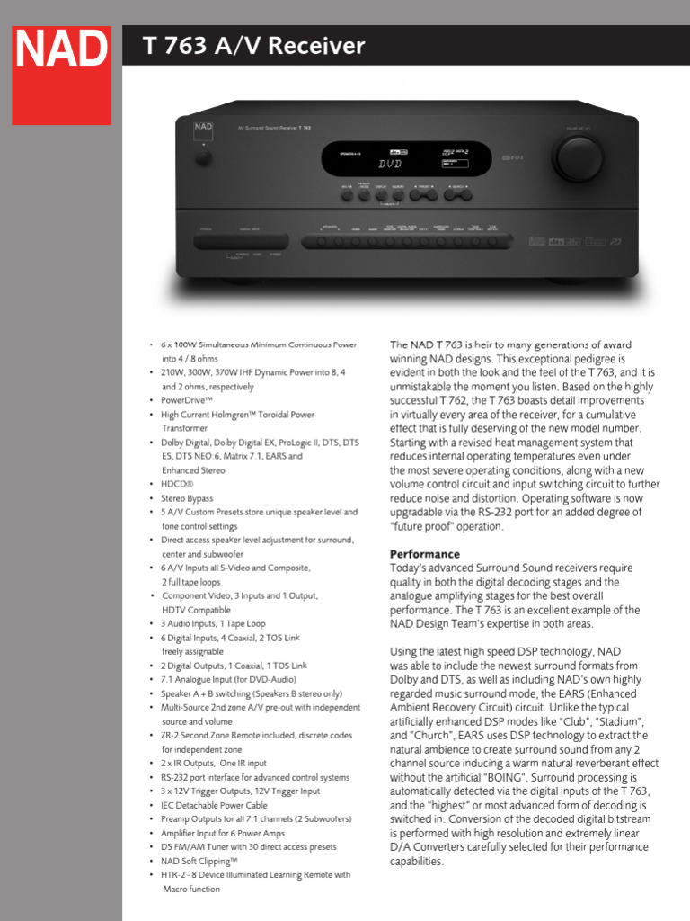 NAD T 763 A/V Receiver Overview | PDF | Amplifier | Loudspeaker