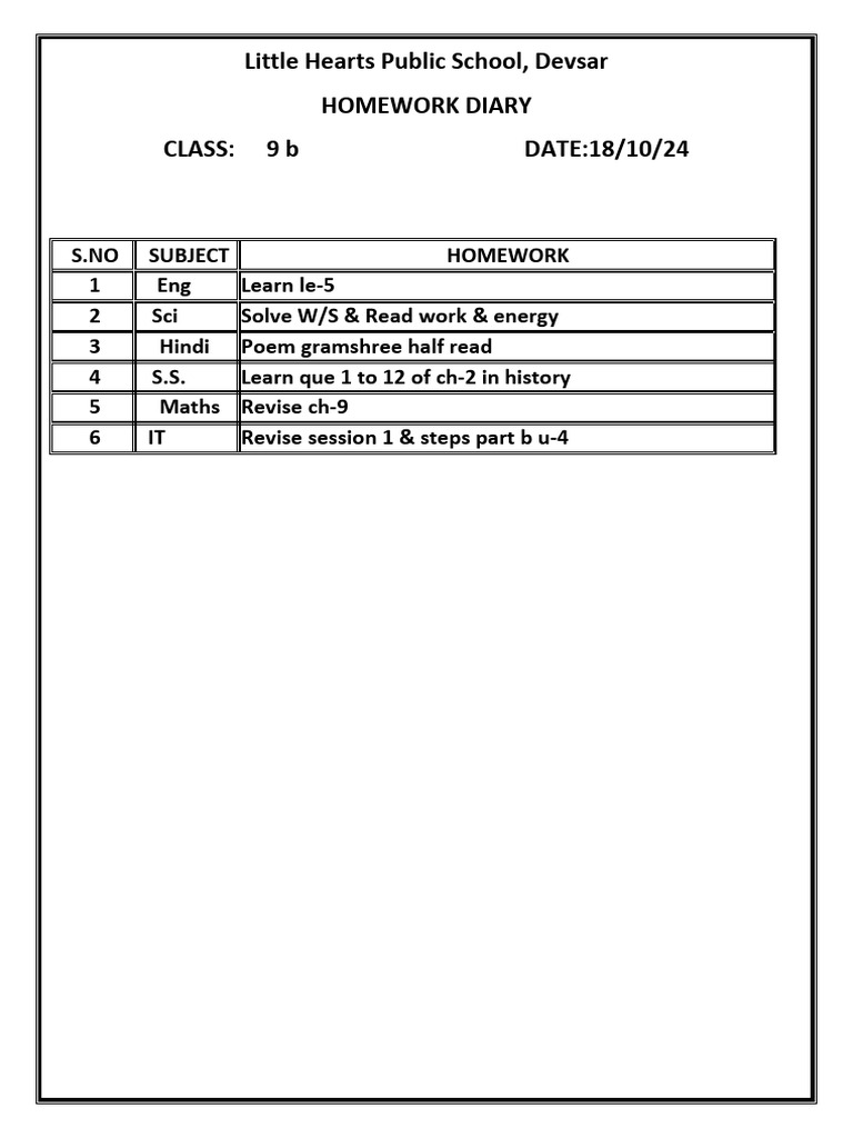 Little Hearts Public School, Devsar Homework Diary Class: 9 B DATE:18 ...