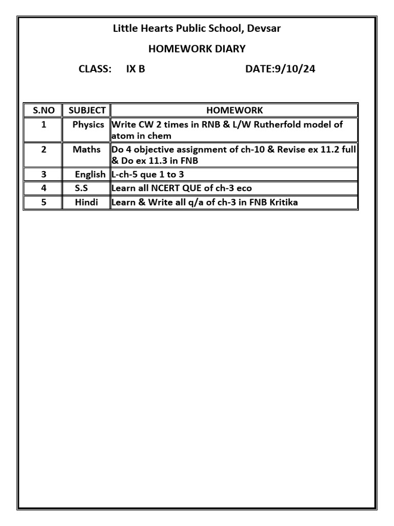 Little Hearts Public School, Devsar Homework Diary Class: Ix B DATE:9/10/24 | PDF | Art