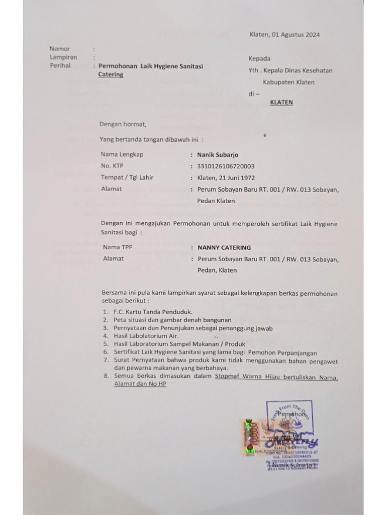 Permohonan SLHS Naqala Catering | PDF
