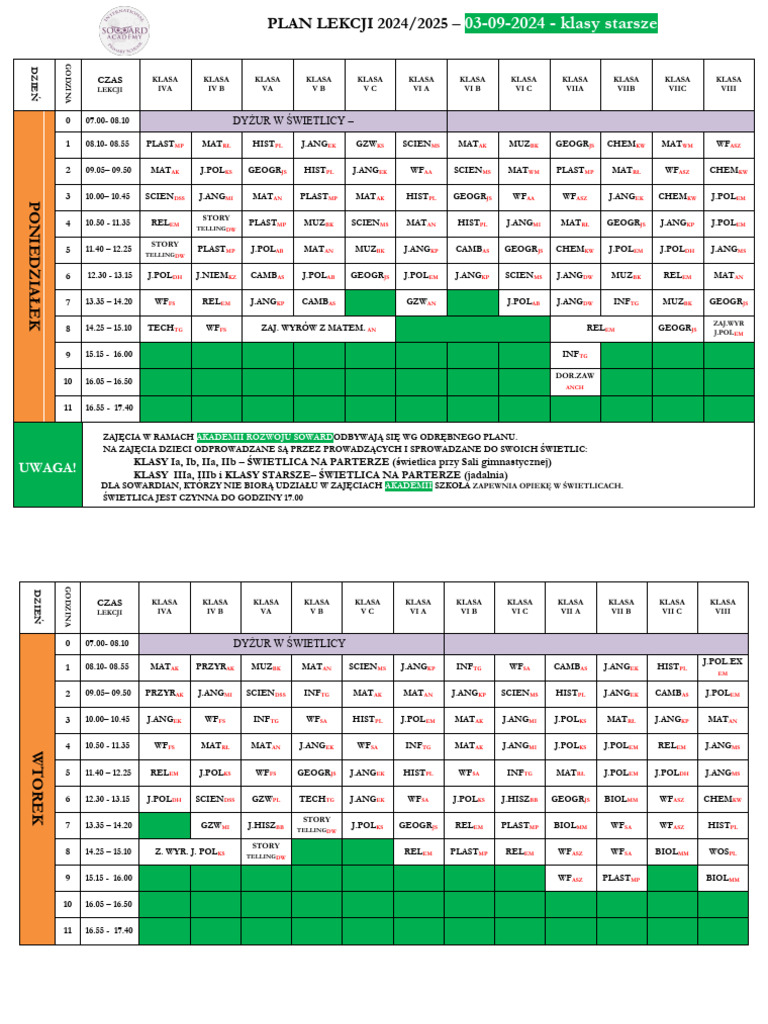 PLAN SOWARD 03-09-24 klasy STARSZE | PDF