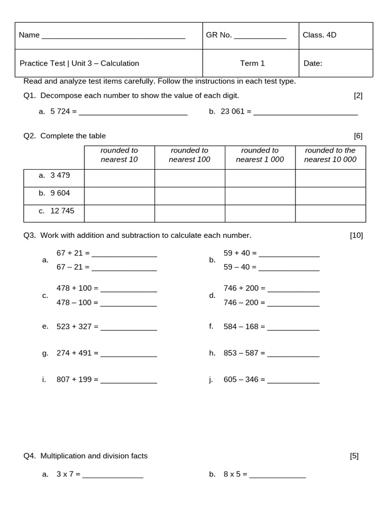 Class 4 - Unit 3 - Test | PDF