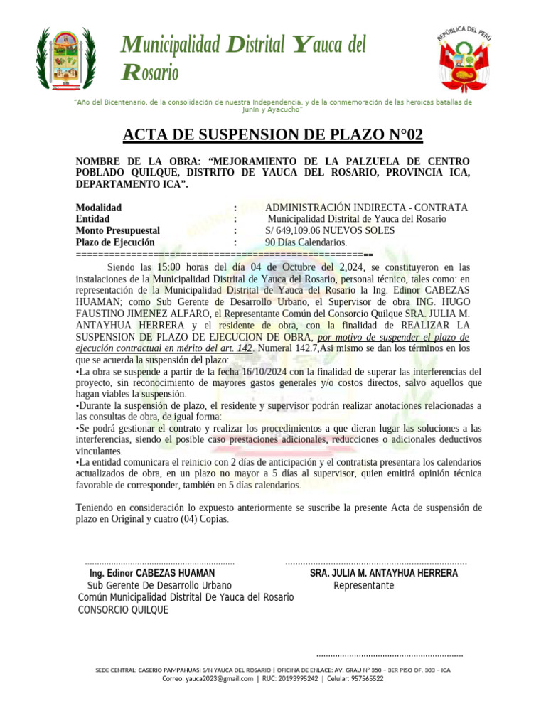 ACTA DE SUSPENSION DE PLAZO N° 02 | PDF | Hogar y jardín