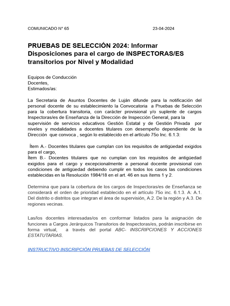 COMUNICADO N° 65_ PRUEBAS DE SELECCIÓN 2024_ Informar Disposiciones para el cargo de INSPECTORAS ...