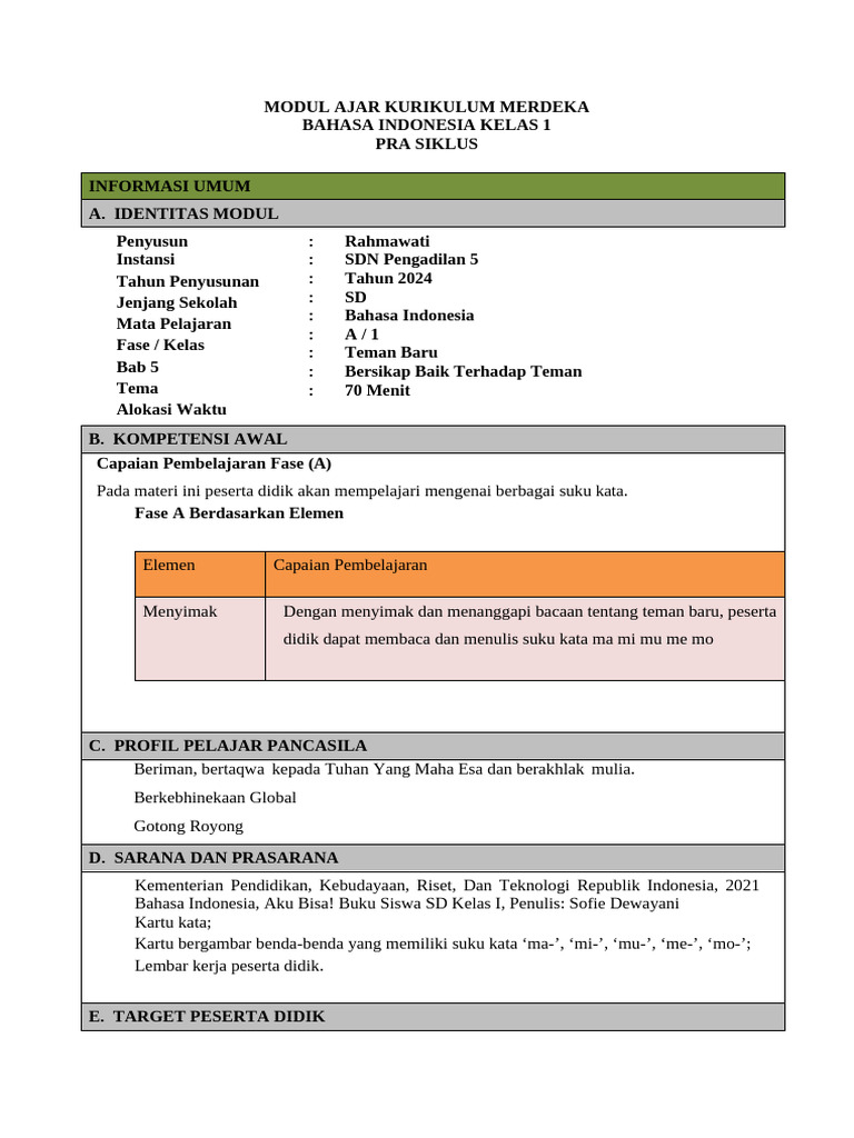 Modul Ajar (Pra Siklus) | PDF