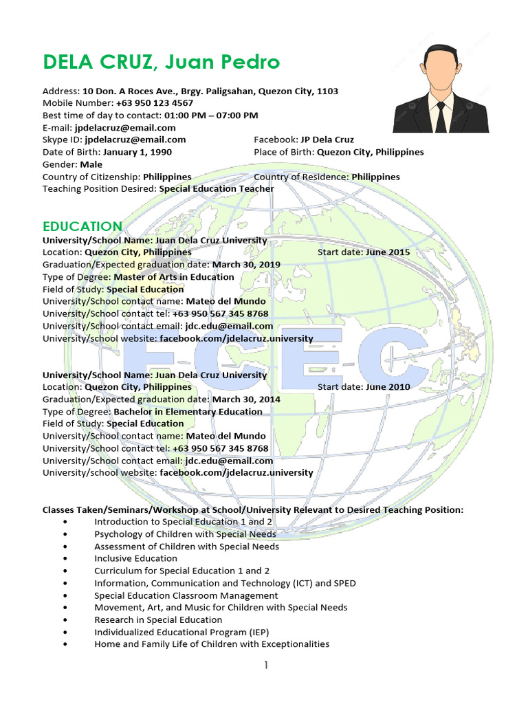 FCEC Resume Template Sample-1 | PDF | Individualized Education Program | Learning