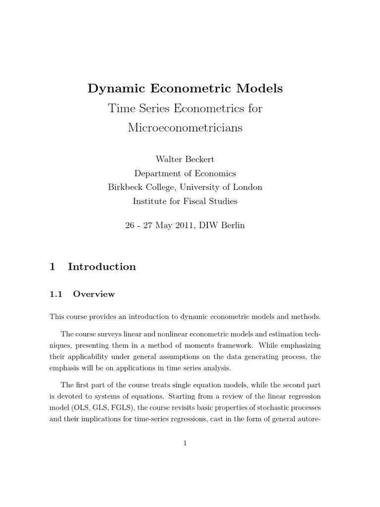 Dynamic Econometric Models Time Series Econometrics For Microeconometricians 2011 | PDF ...