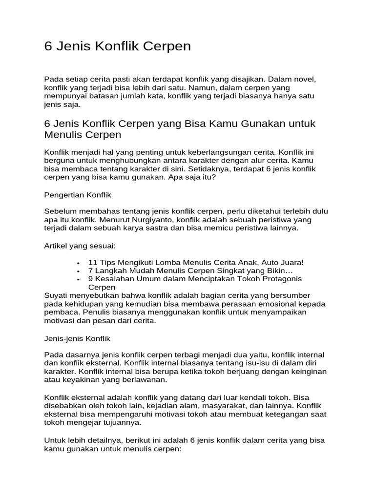 6 Jenis Konflik Cerpen | PDF | Fiksi Umum