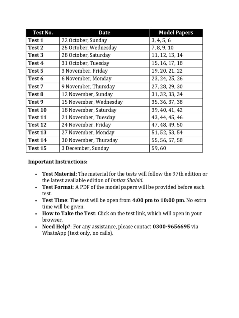 Schedule For Tests | PDF
