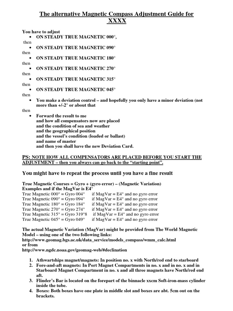 Alternative Magnetic Compass Adjustment Guide To Vessel XXXX | PDF ...