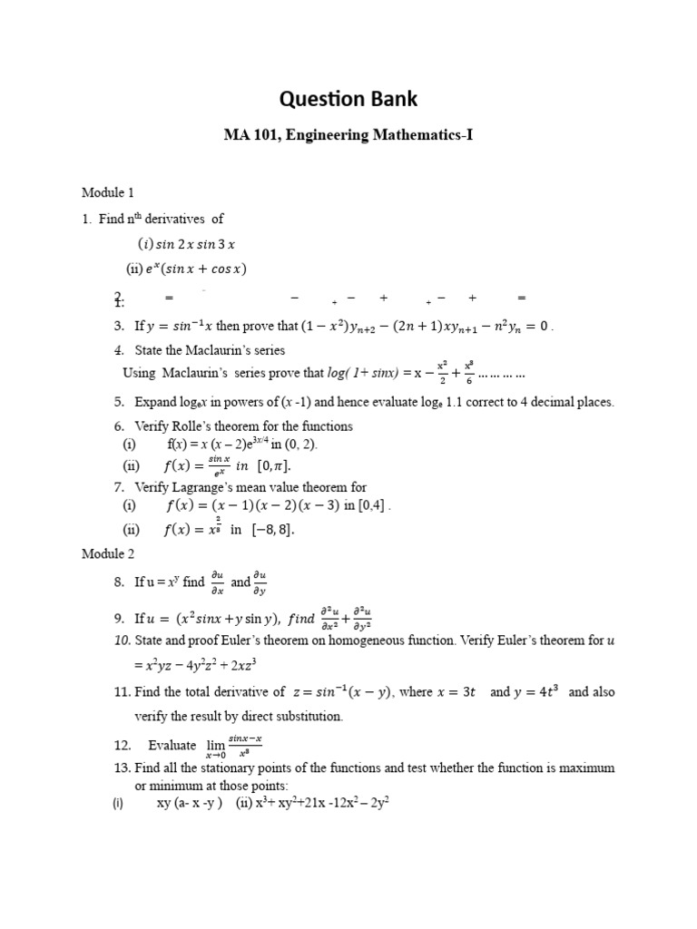 Sem 1 Question Bank | PDF | Matrix (Mathematics) | Eigenvalues And Eigenvectors