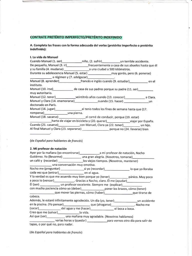 Ejercicios de contraste: Pretérito imperfecto e indefinido | PDF