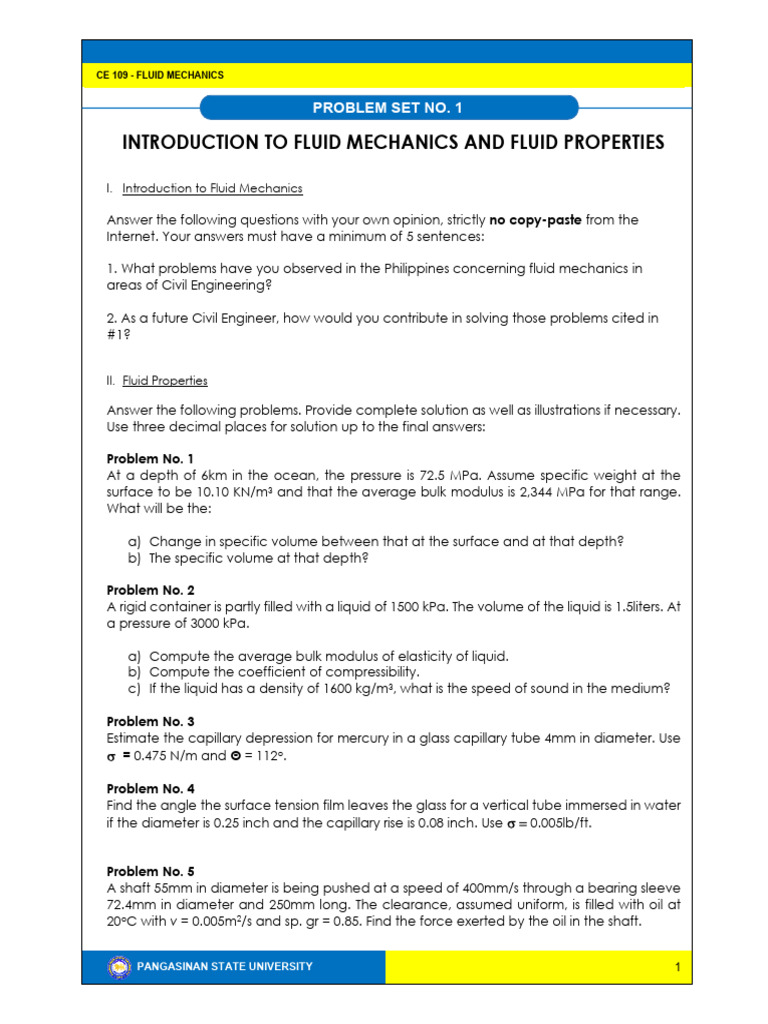 Ce 109 - Problem Set No. 1 | PDF | Liquids | Pressure