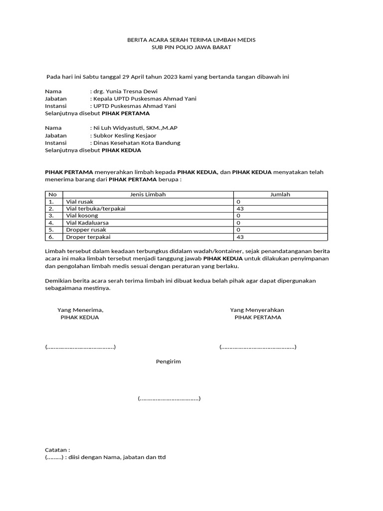 BERITA ACARA SERAH TERIMA LIMBAH MEDIS PKM Ke TPS Kota | PDF