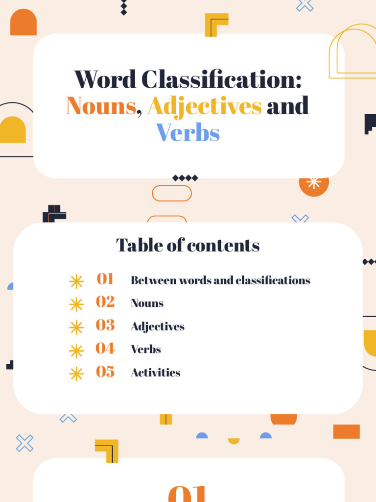 Word Classification - Nouns, Adjectives and Verbs by Slidesgo | PDF | Noun | Adjective