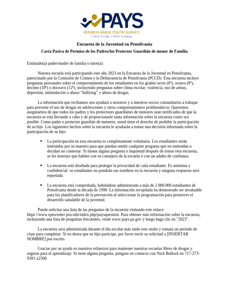 PAYS 6th - 8th Grade Parent Spanish Letter | PDF