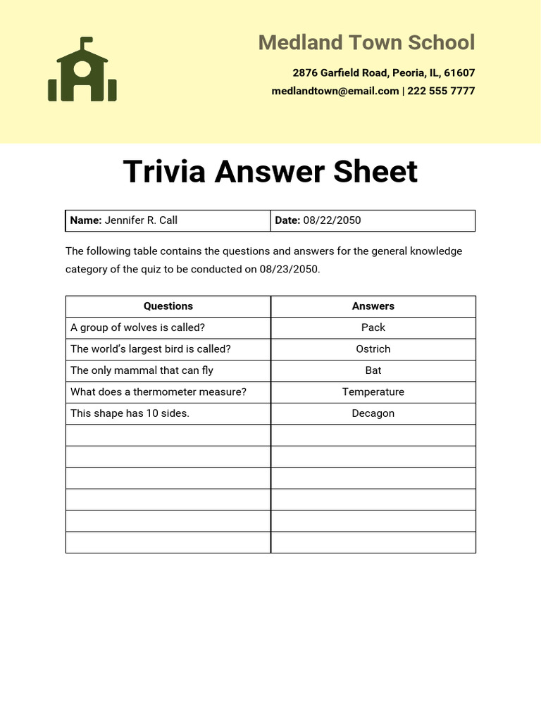 Trivia Answer Sheet Template | PDF | Home & Garden