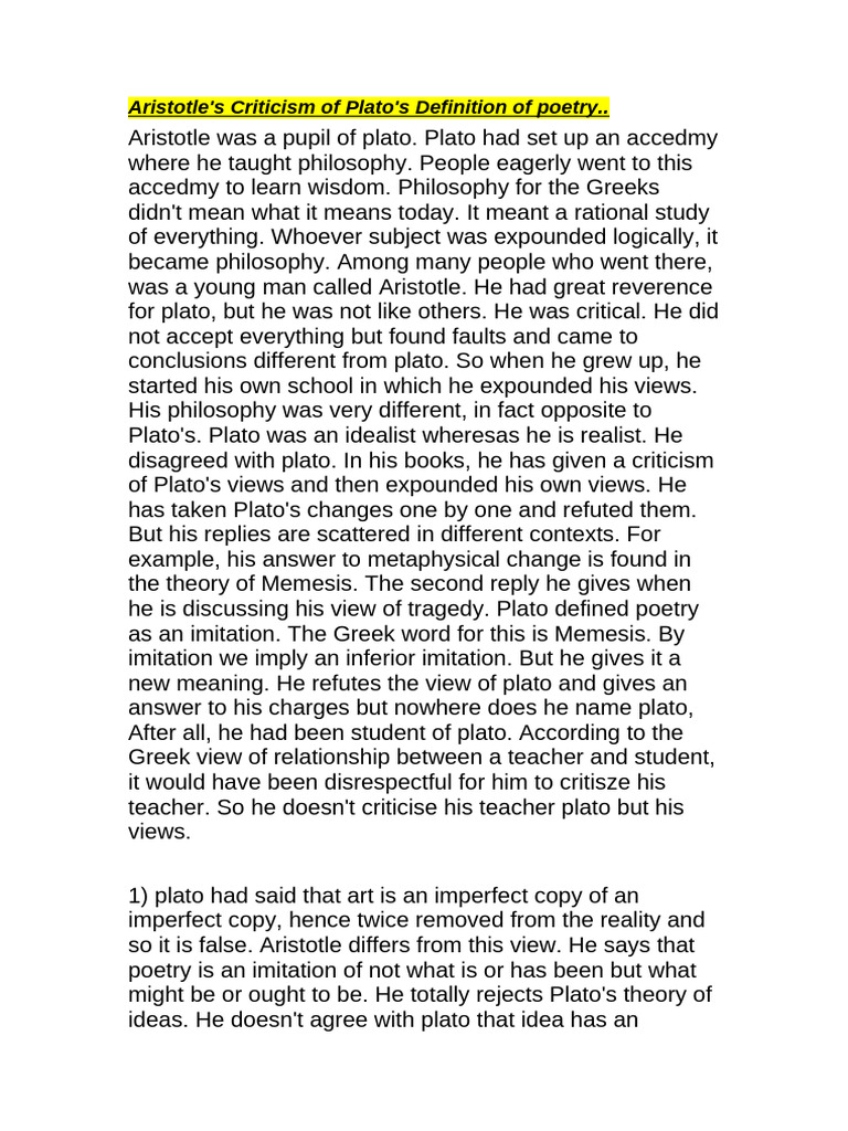 Aristotle Criticism of Plato Poetry | PDF | Idea | Plato