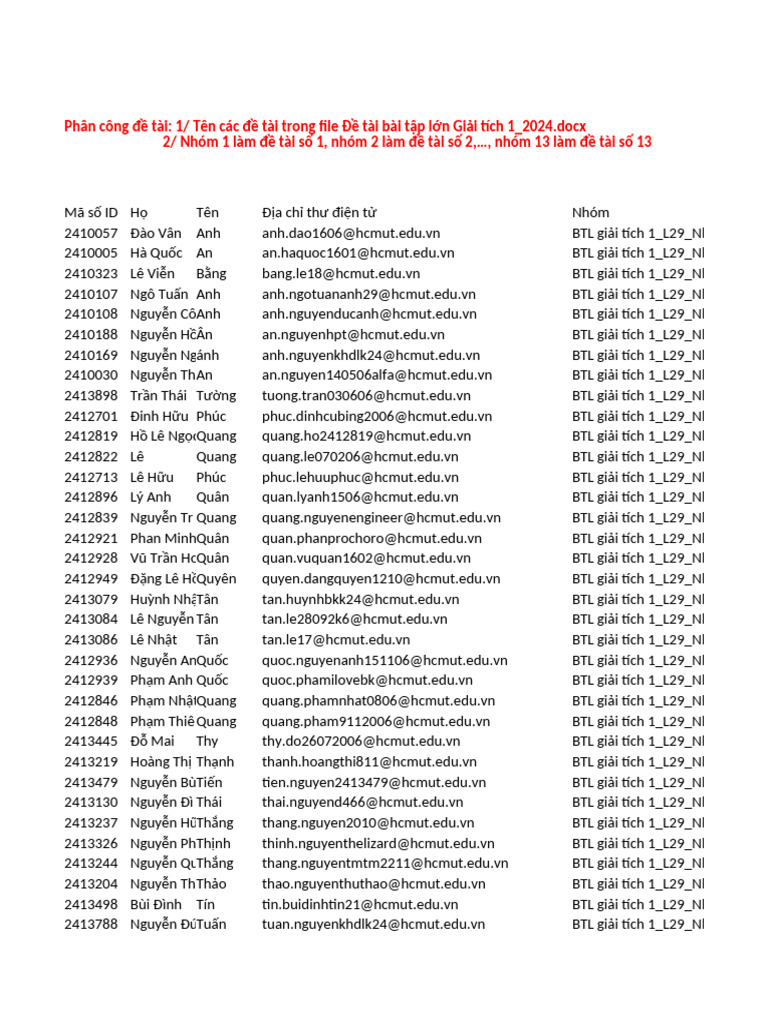 Phân công bài tập lớn GT1 lớp L29 | PDF