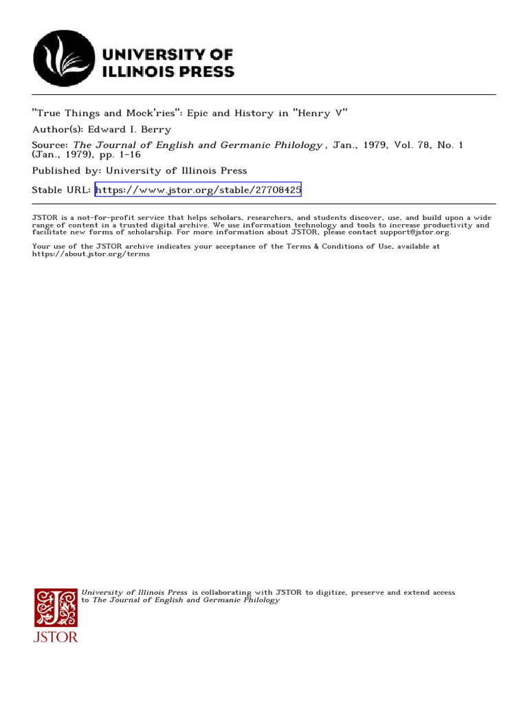 Berry - "True Things and Mock'ries" - Epic and History in "Henry V" | PDF | William Shakespeare ...