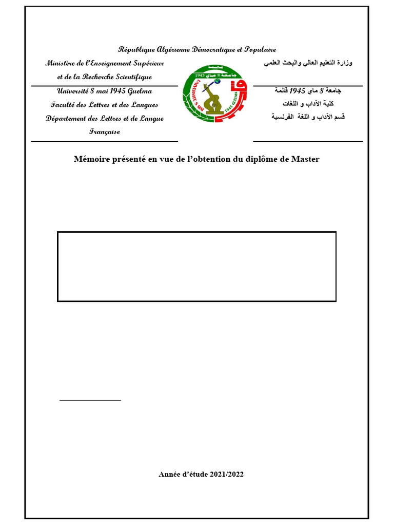 Mémoire Présenté en Vue de L'obtention Du Diplôme de Master Académique Domaine Filière ...