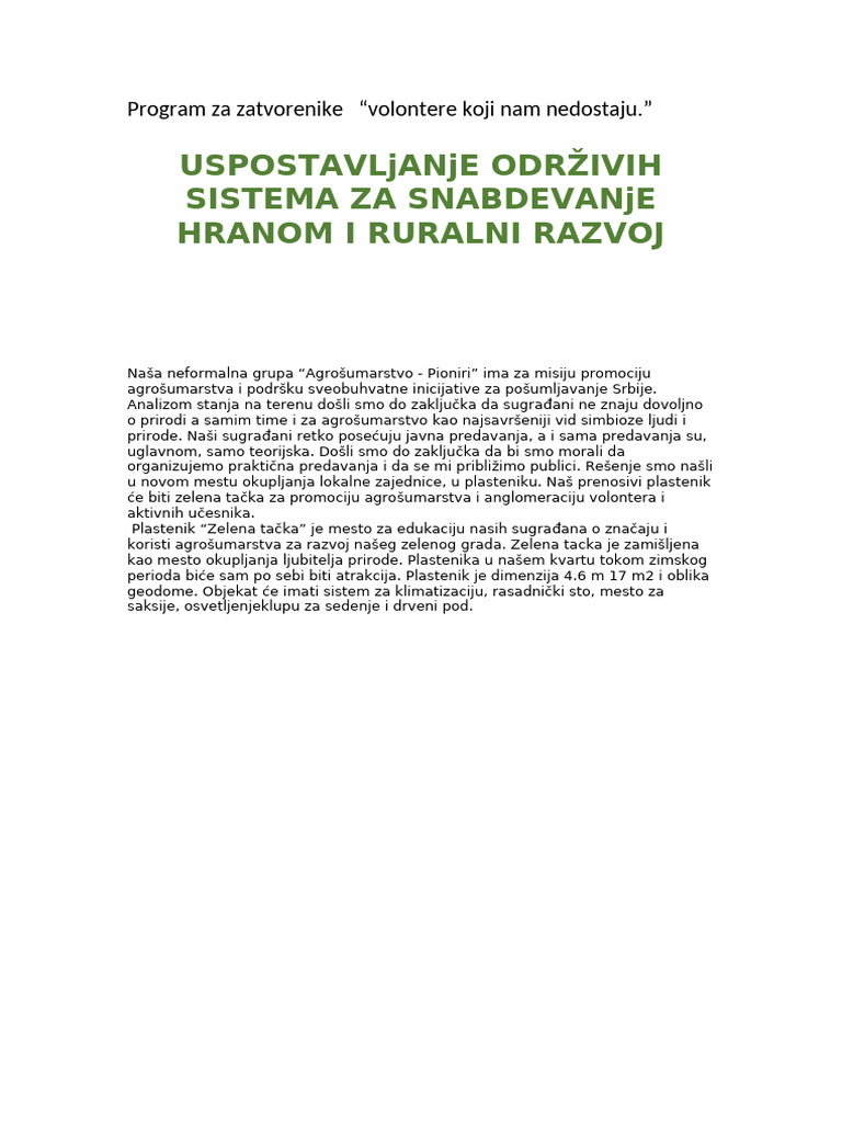 Uspostavljanje Održivih Sistema Za Snabdevanje Hranom I Ruralni Razvoj | PDF