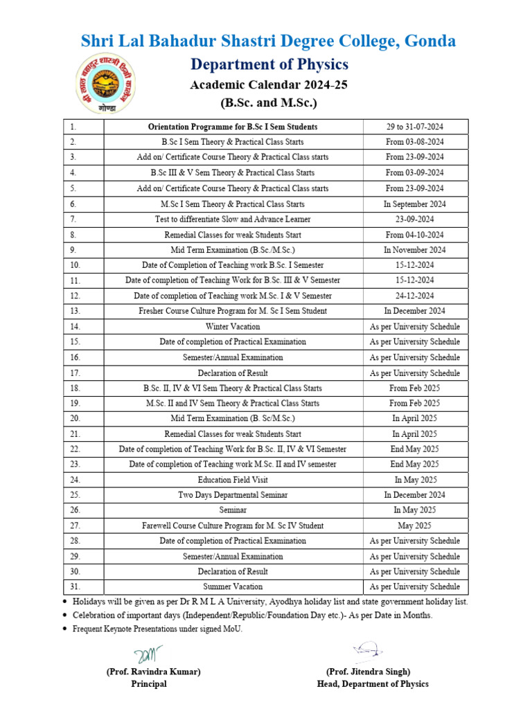 academic calender 2024-25 physics | PDF | Academic Term | Academia